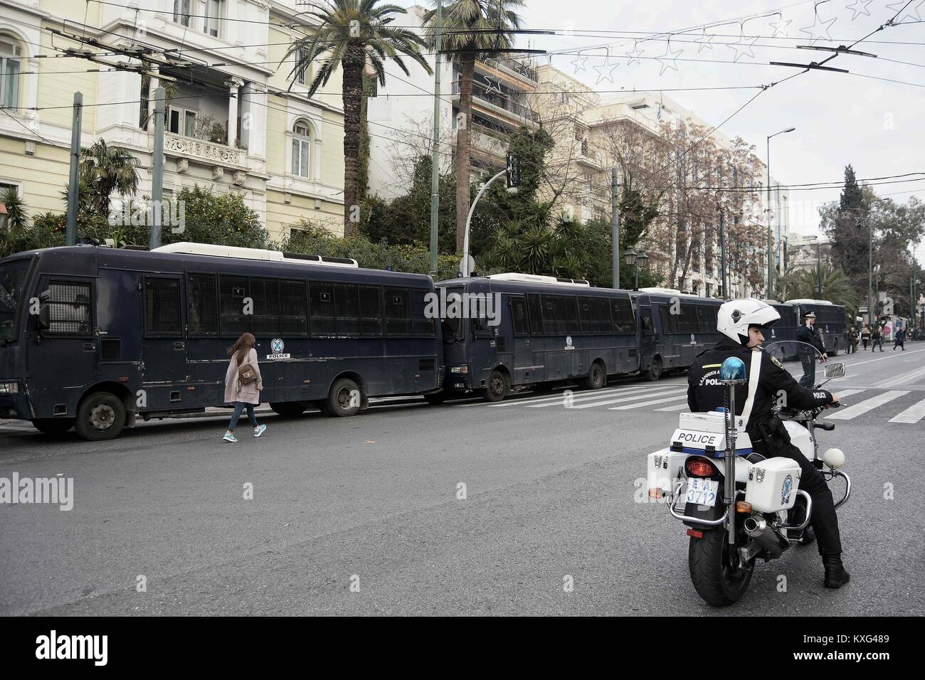 Athens, Greece. 9th Jan, 2018. Buses of riot police seen standing by ...