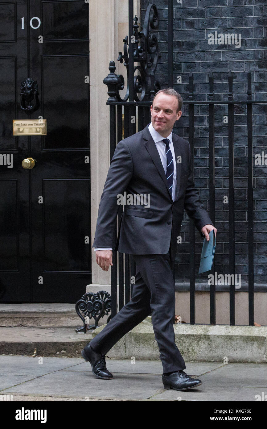 London, UK. 9th Jan, 2018. Dominic Raab MP leaves 10 Downing Street ...