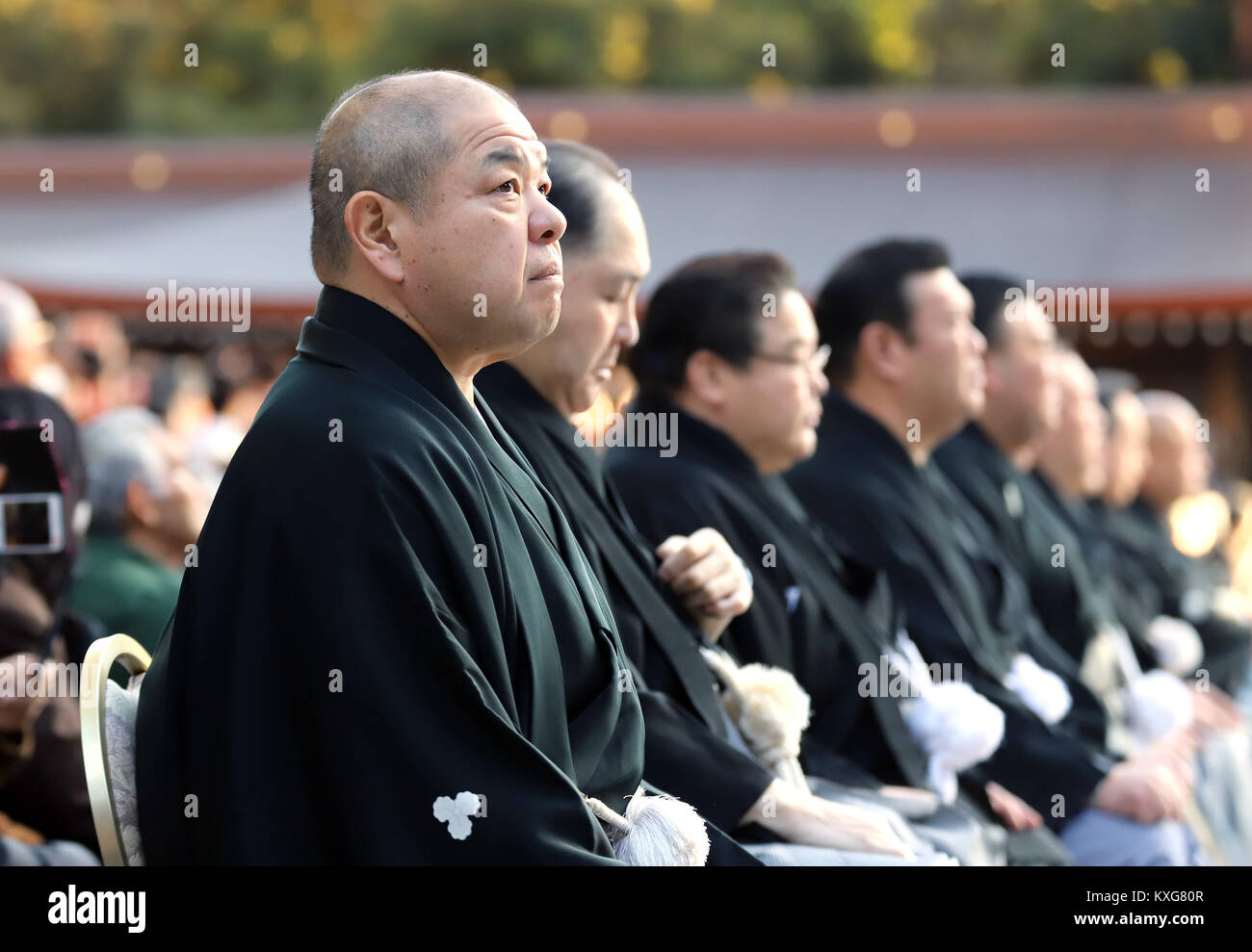 Tokyo, Japan. 9th Jan, 2018. Sumo Association president, stable master ...