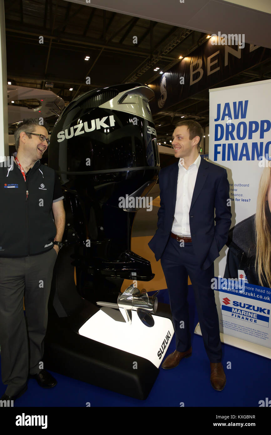 London, UK. 10th Jan, 2018.Suzuki engines on display at the London Boat ...