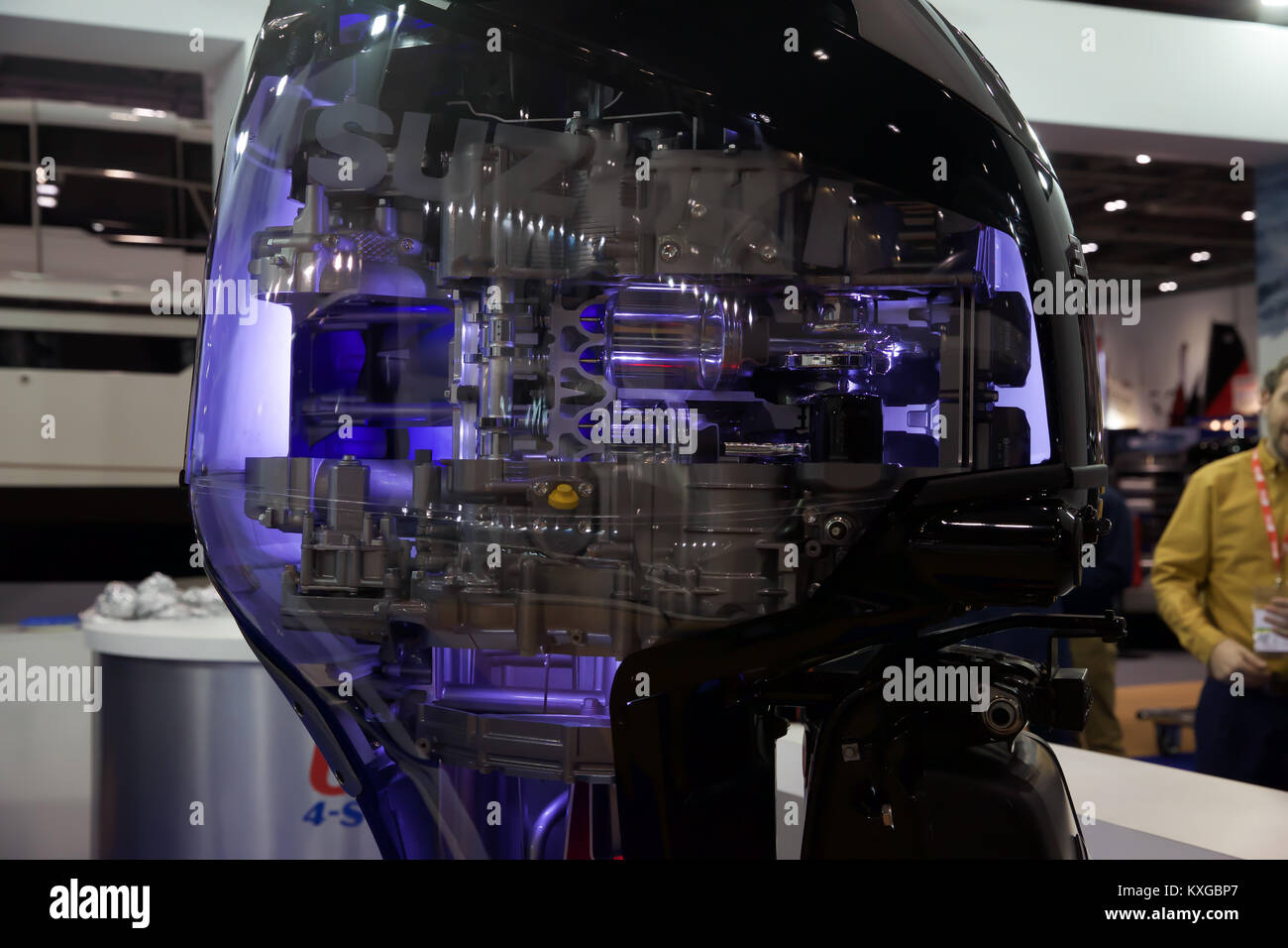 London, UK. 10th Jan, 2018.Suzuki engines on display at the London Boat ...