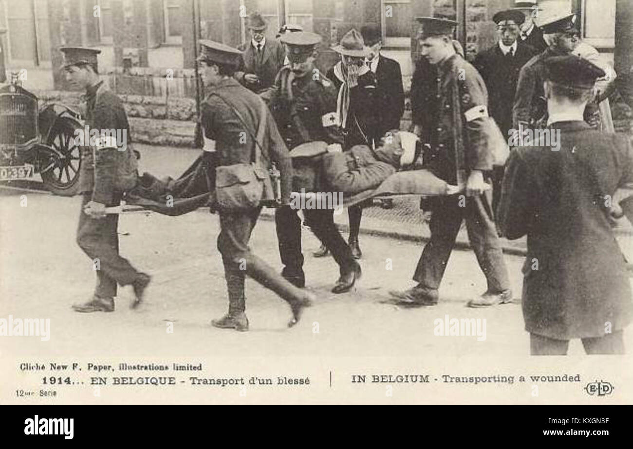 The image depicts the transport of a wounded soldier by stretcher ...