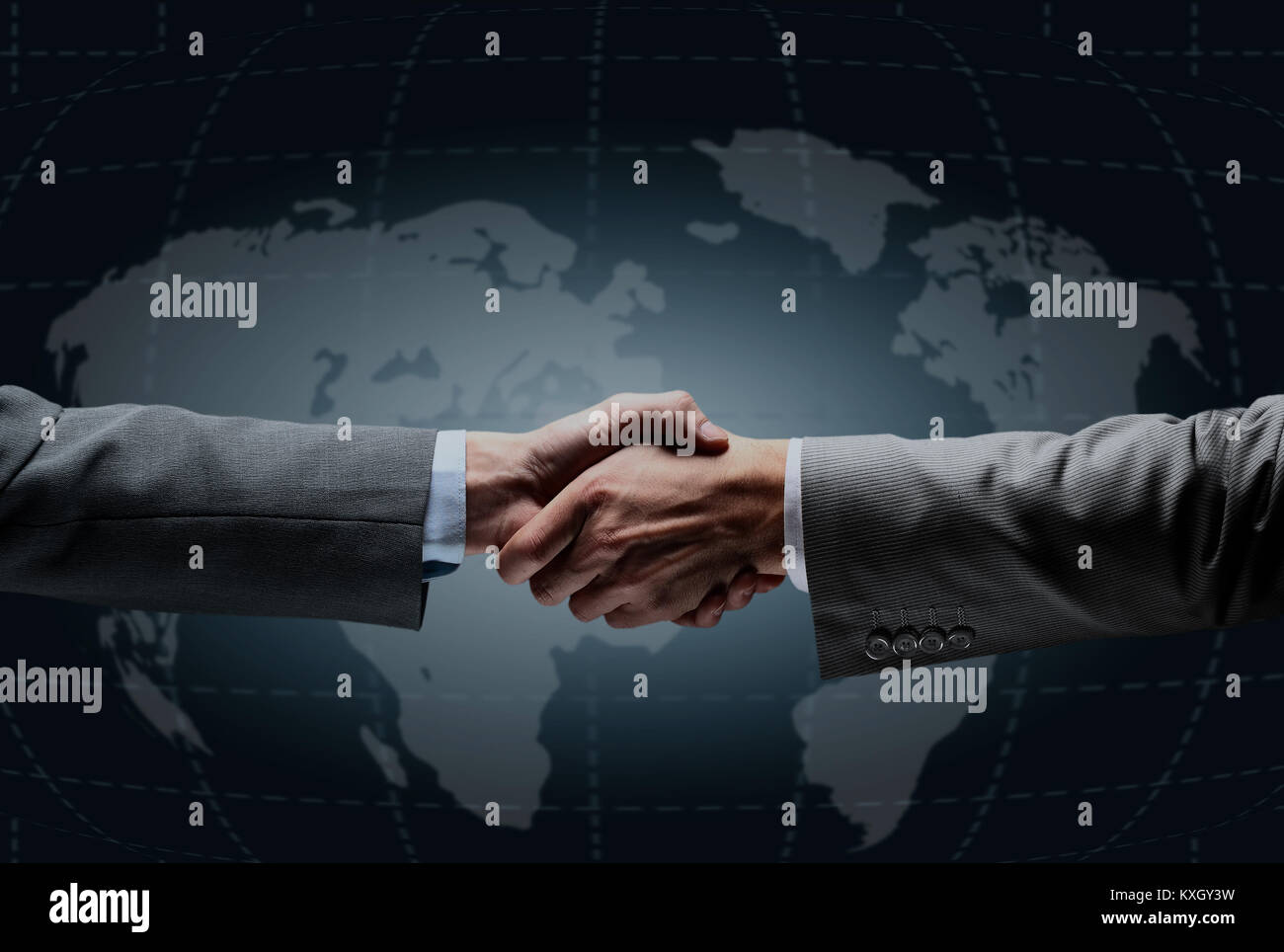 Handshake with map of the world in background Stock Photo - Alamy