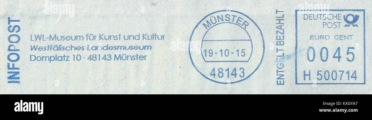 A stamp cancellation marking an Infopost item sent from the LWL Münster ...