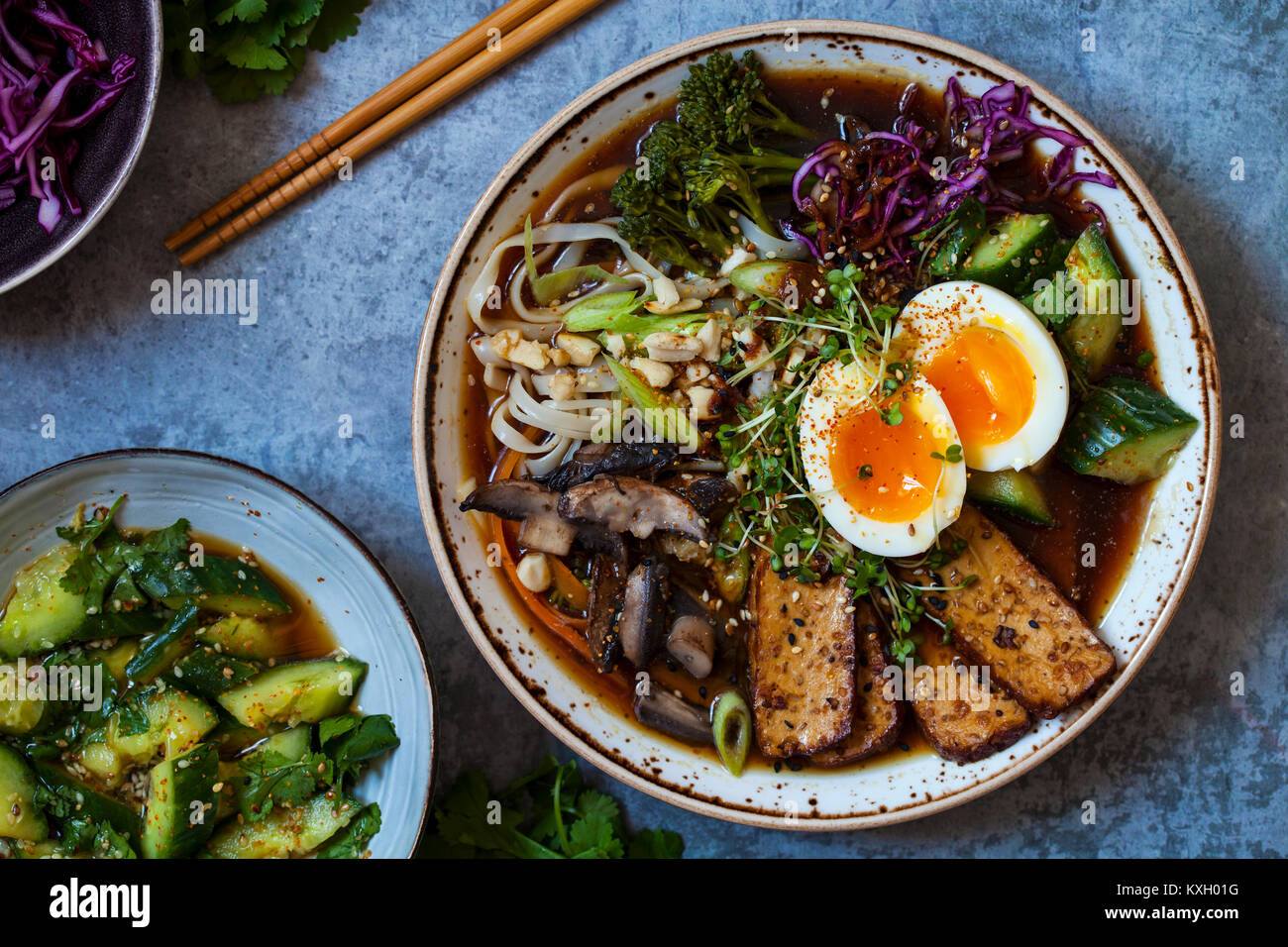 Vegetarian ramen with smoked tofu, pickled cabbage and cucumber Stock ...