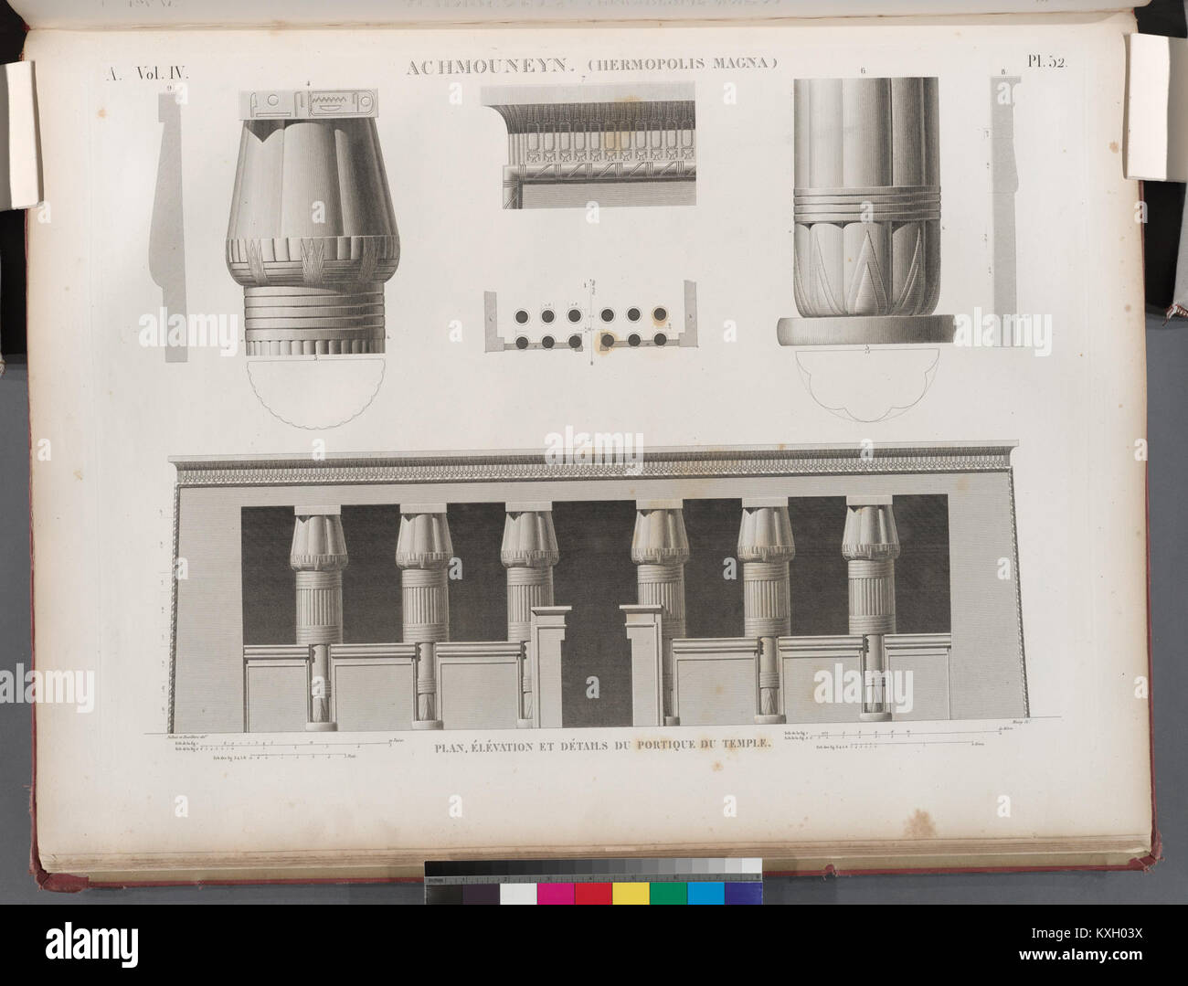This plan, elevation, and detail of the temple's portico at Achmouneyn ...