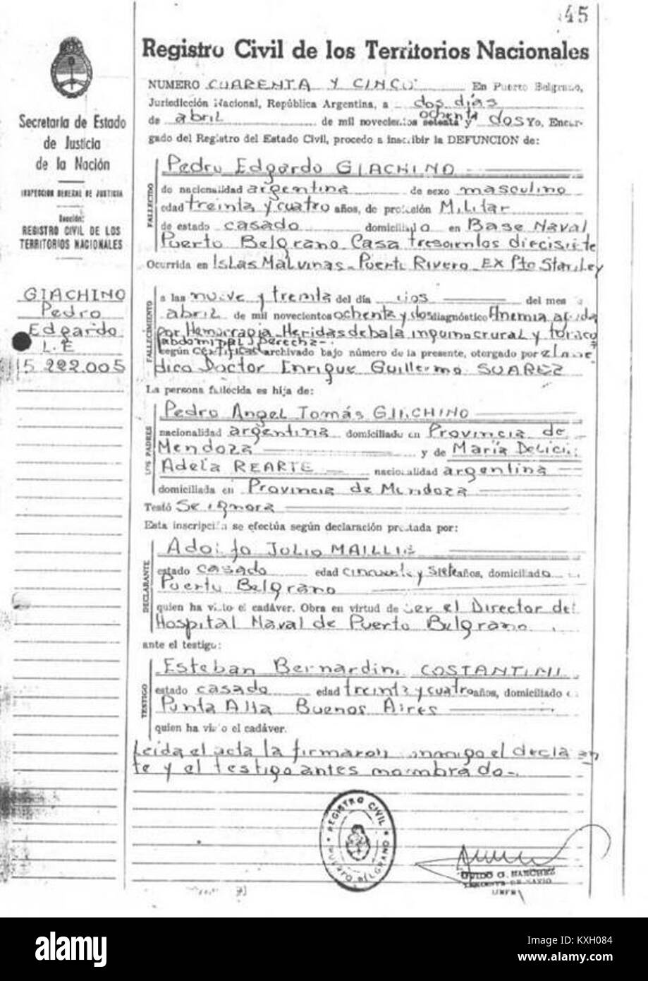 The death certificate of Pedro Giachino documents his passing ...