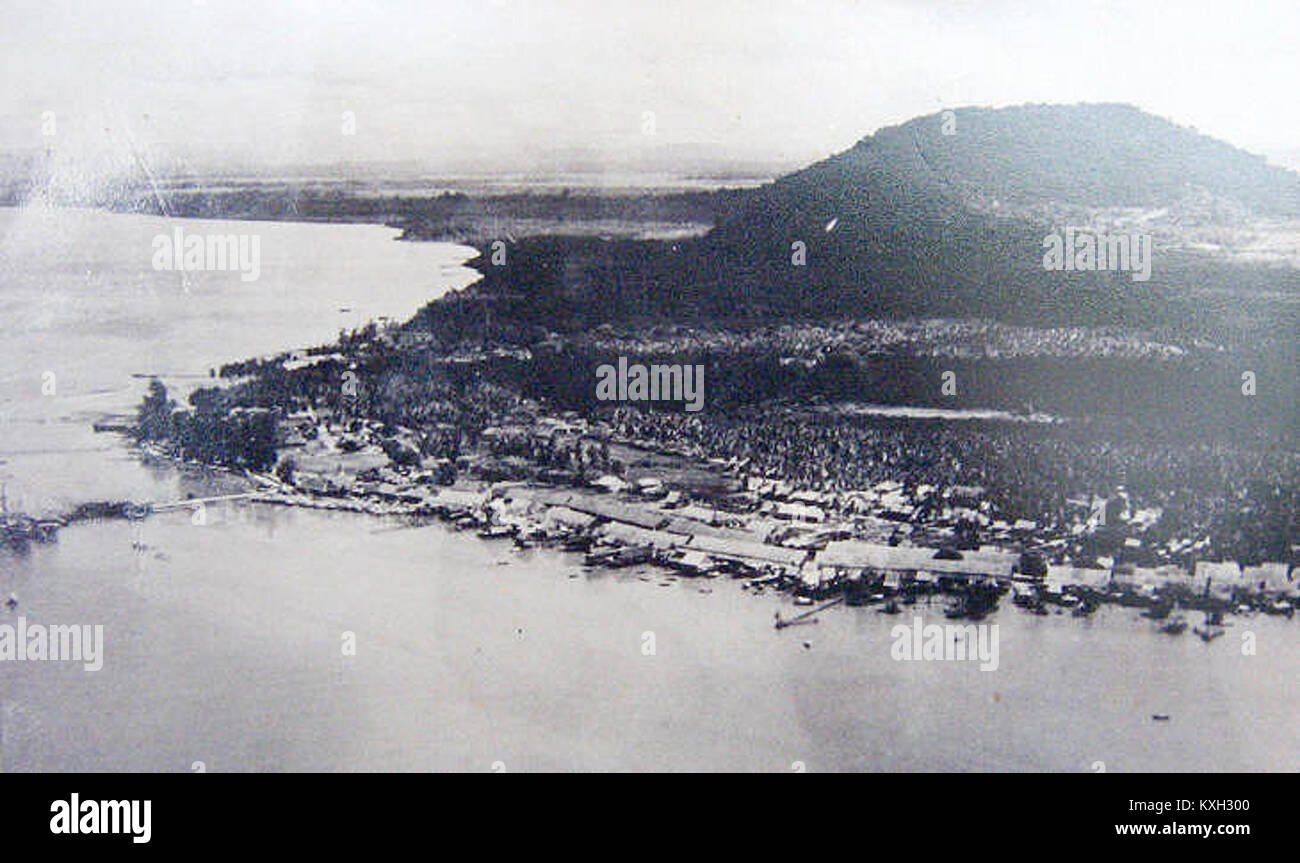 This aerial view of Tawau, Malaysia, taken in 1947, showcases the town ...