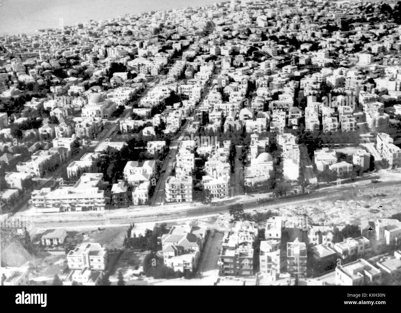 This aerial view shows the city of Tel Aviv, capturing its urban layout ...