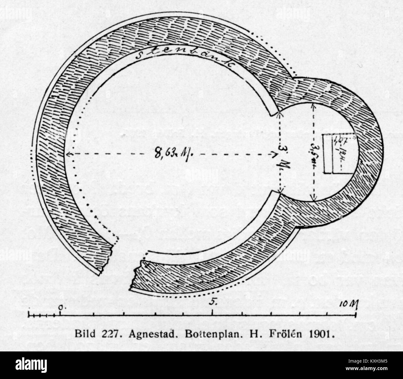 This image presents an ancient round church ruin from Agnestad, located ...