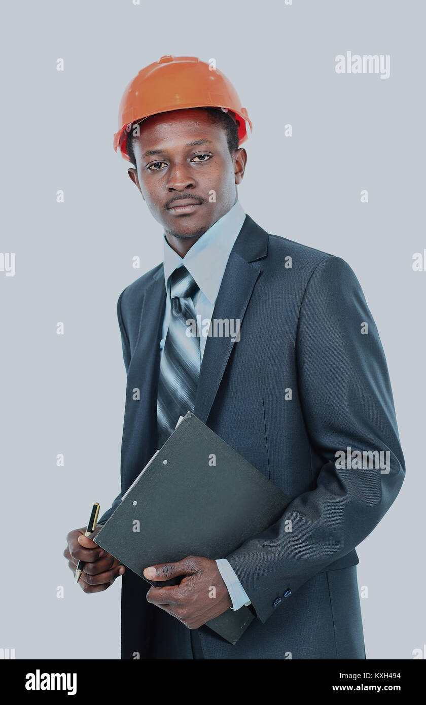 African american engineer a over white background Stock Photo - Alamy