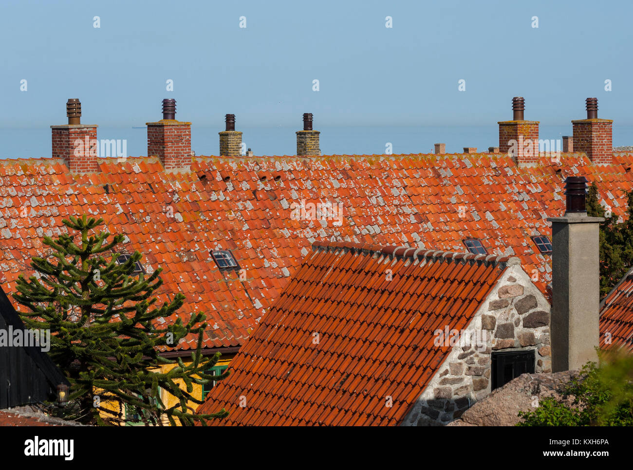 Roofs with red tiles and chimneys, Christiansø, Ertholmene, Bornholm ...