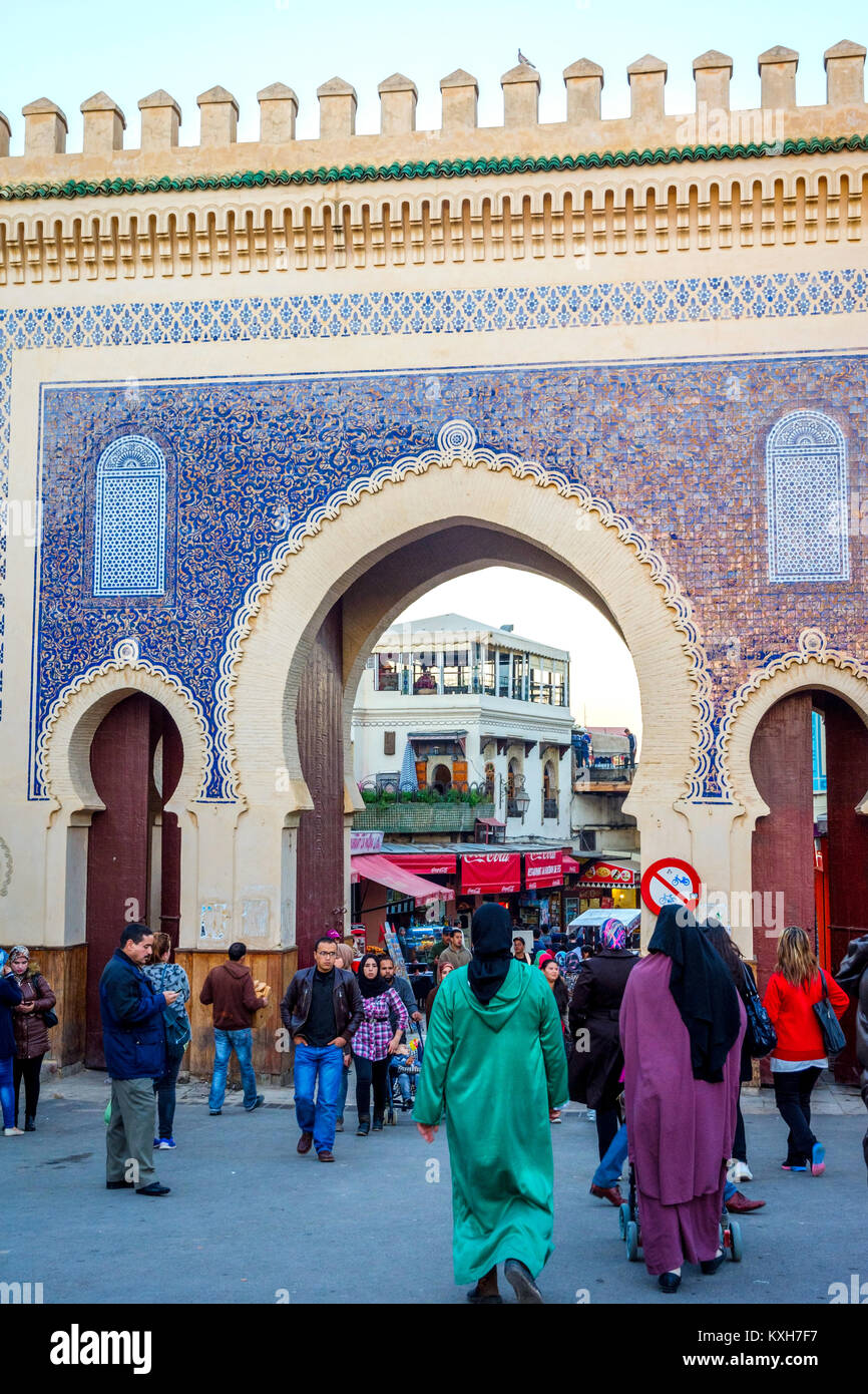 FEZ, MOROCCO - DECEMBER 9: People passing by the Fez old gate Bab ...