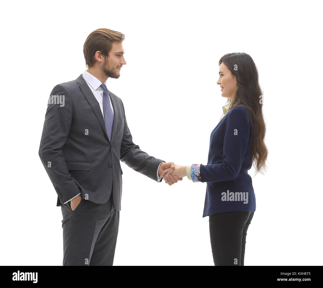 Full-length handshake, business partners, isolated on white back Stock ...