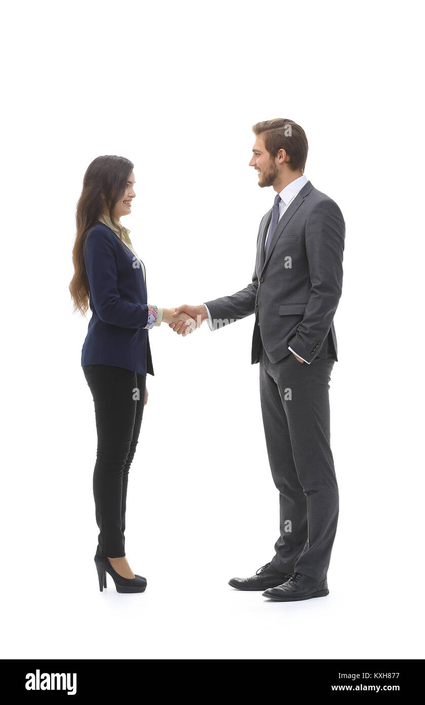 Full-length handshake, business partners, isolated on white back Stock ...