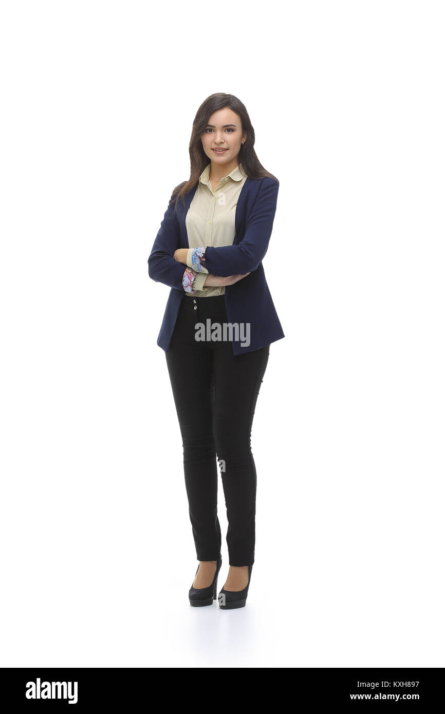 Woman stand and smile, isolated on white background Stock Photo - Alamy