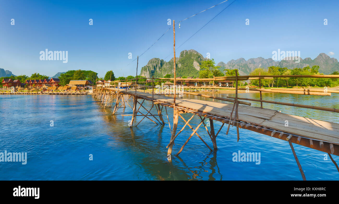 Beautiful view of a bamboo bridge.Vang Vieng. Laos landscape. Panorama ...