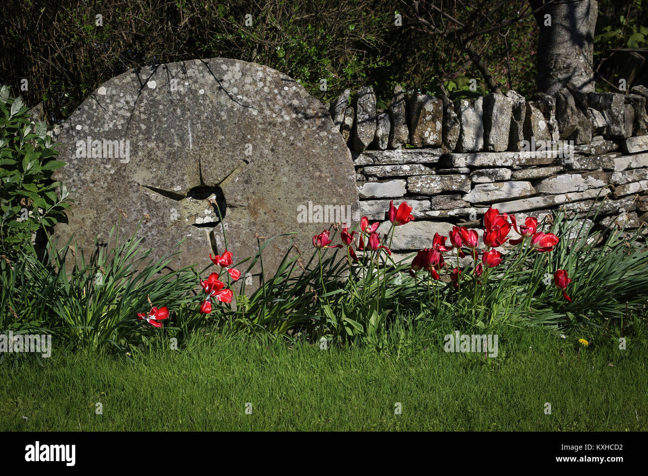 Old granite millstone resting against a dry stone wall in a garden ...