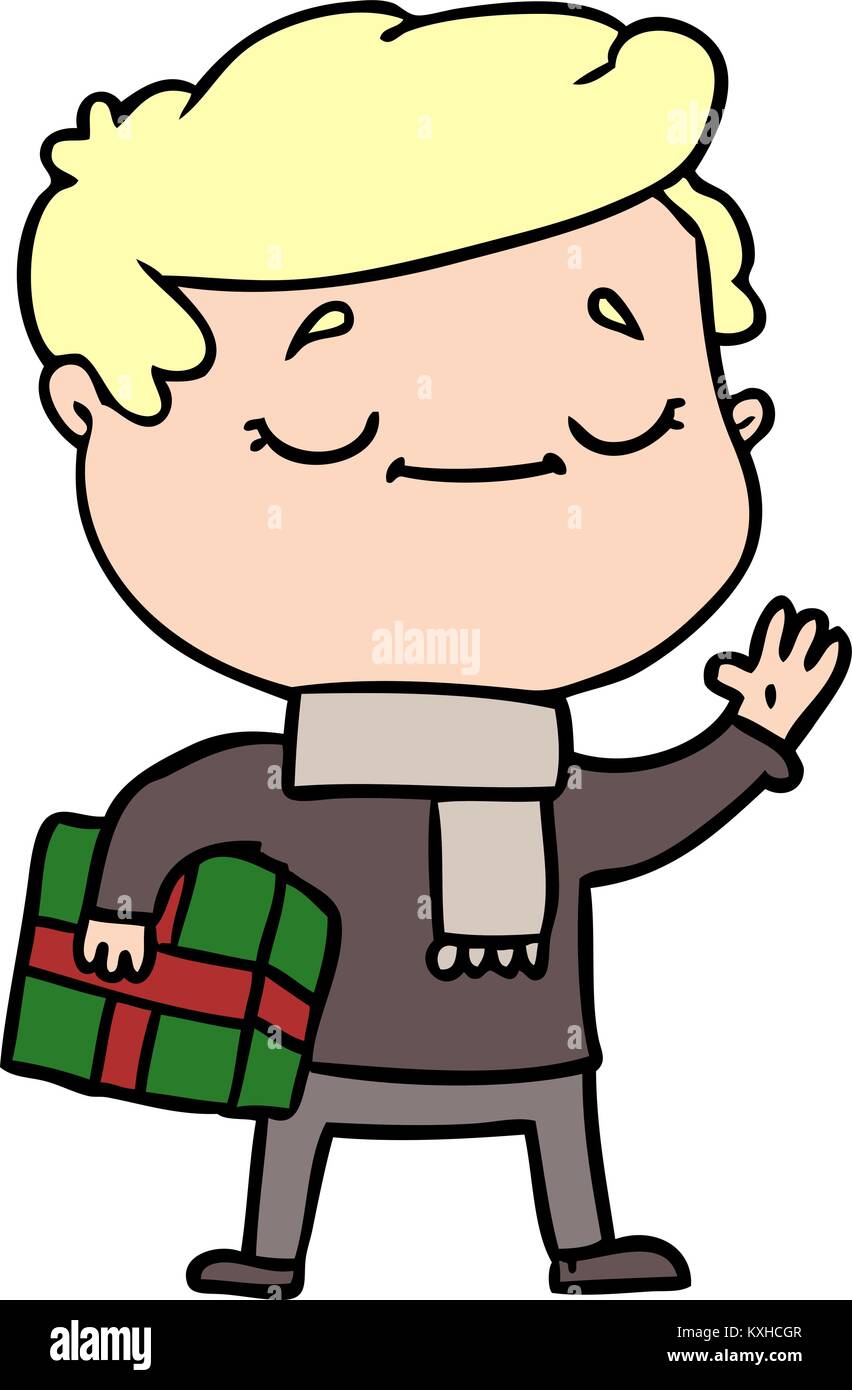 cartoon man carrying christmas present waving Stock Vector Image & Art ...