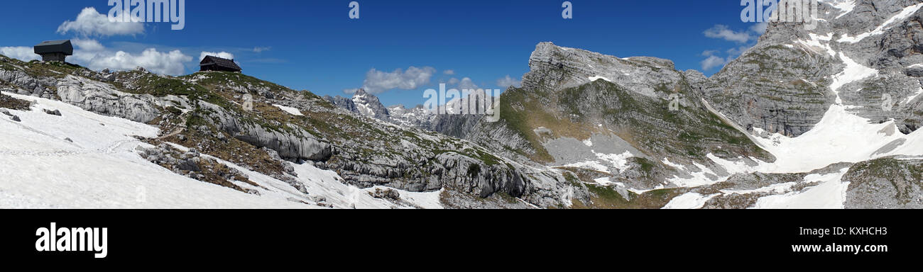 Panorama of Triglav mount with mountain hut Stock Photo - Alamy