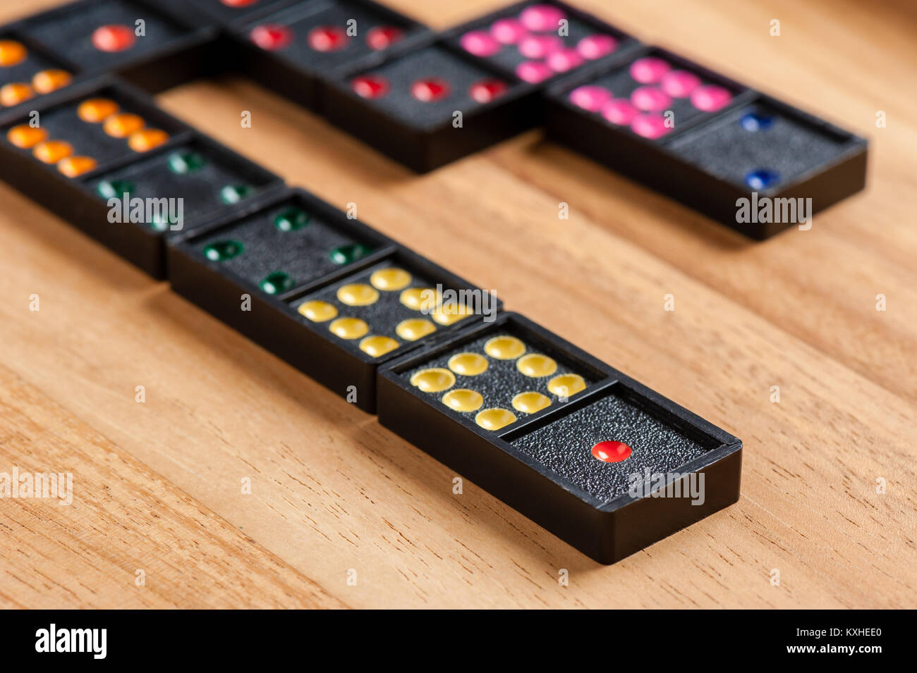 Dominoes on wooden table. Dominoes is a game played with rectangular ...
