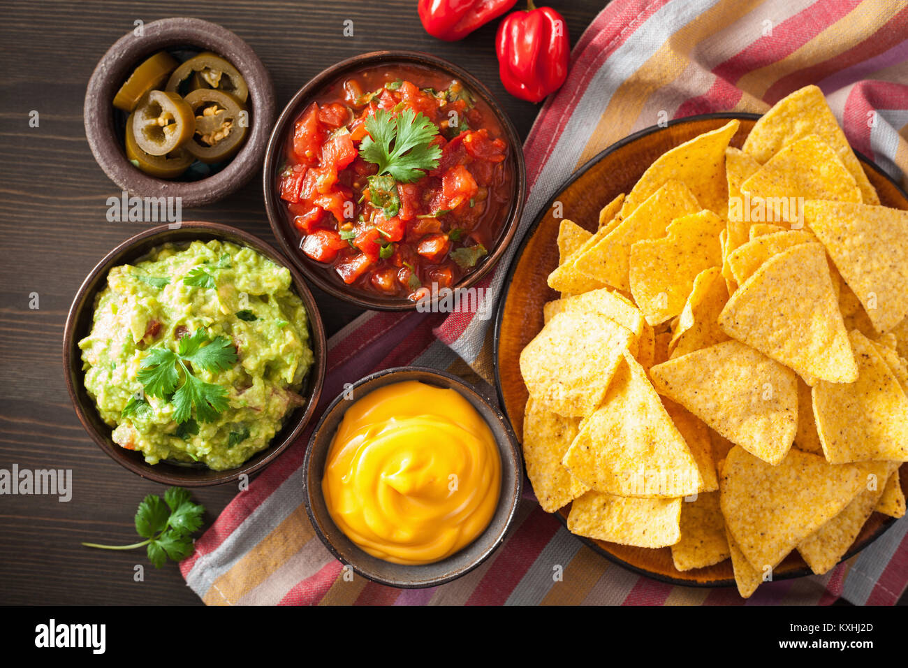 mexican nachos tortilla chips with guacamole, salsa and cheese dip ...
