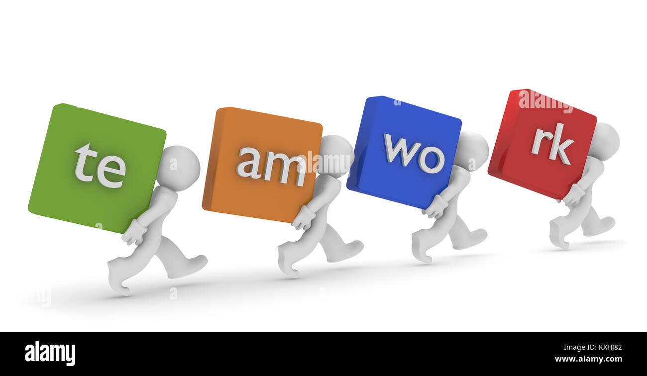 Teamwork concept with four 3d character and colorful dices, 3d ...