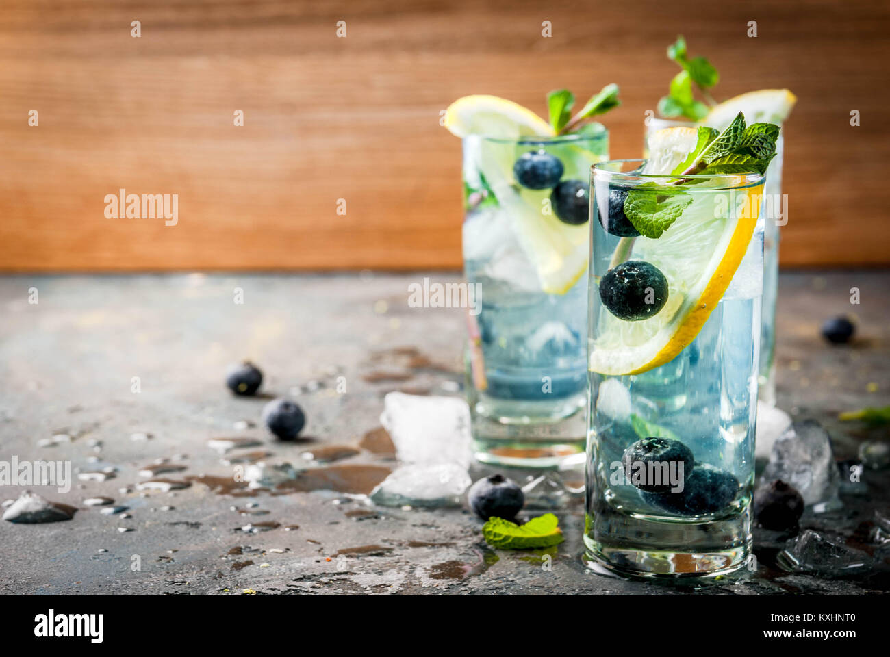 Summer refreshment drinks, Blueberry Lemonade or mojito cocktail with ...