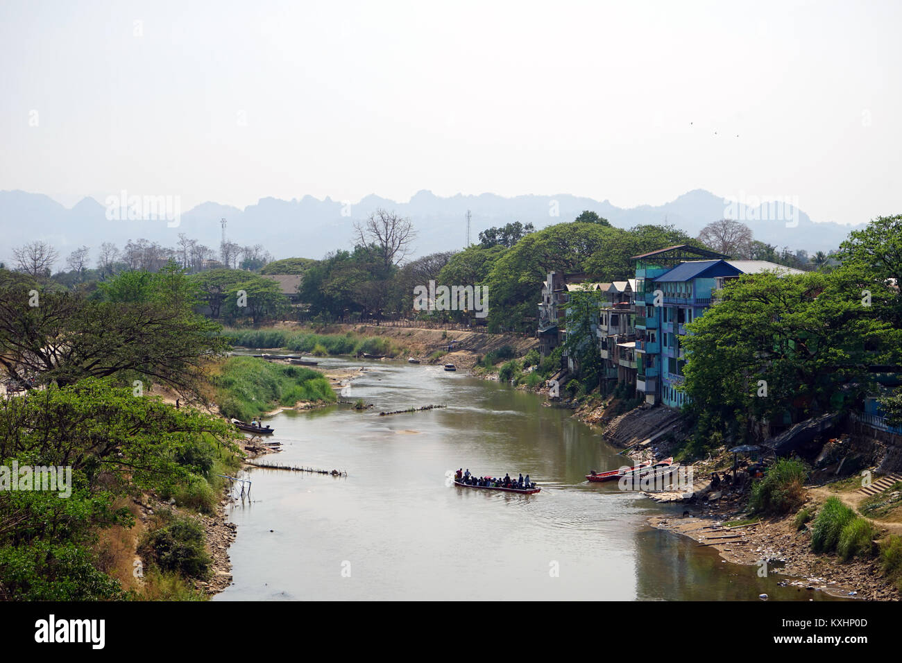 MYAWADY, MYANMAR - CIRCA APRIL 2017 Boat on the border Thailand and ...