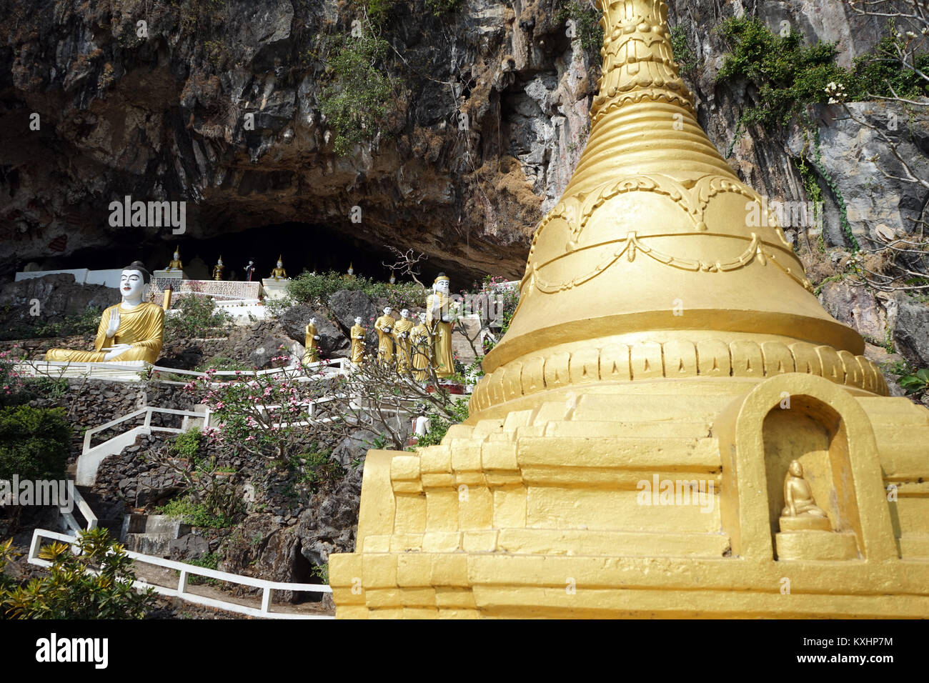 HPA AN, MYANMAR - CIRCA APRIL 2017 Stupa near entrance of Kaw Goon cave ...