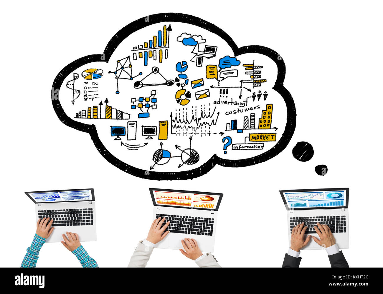 Group of three people with devices in hands working together as symbol ...
