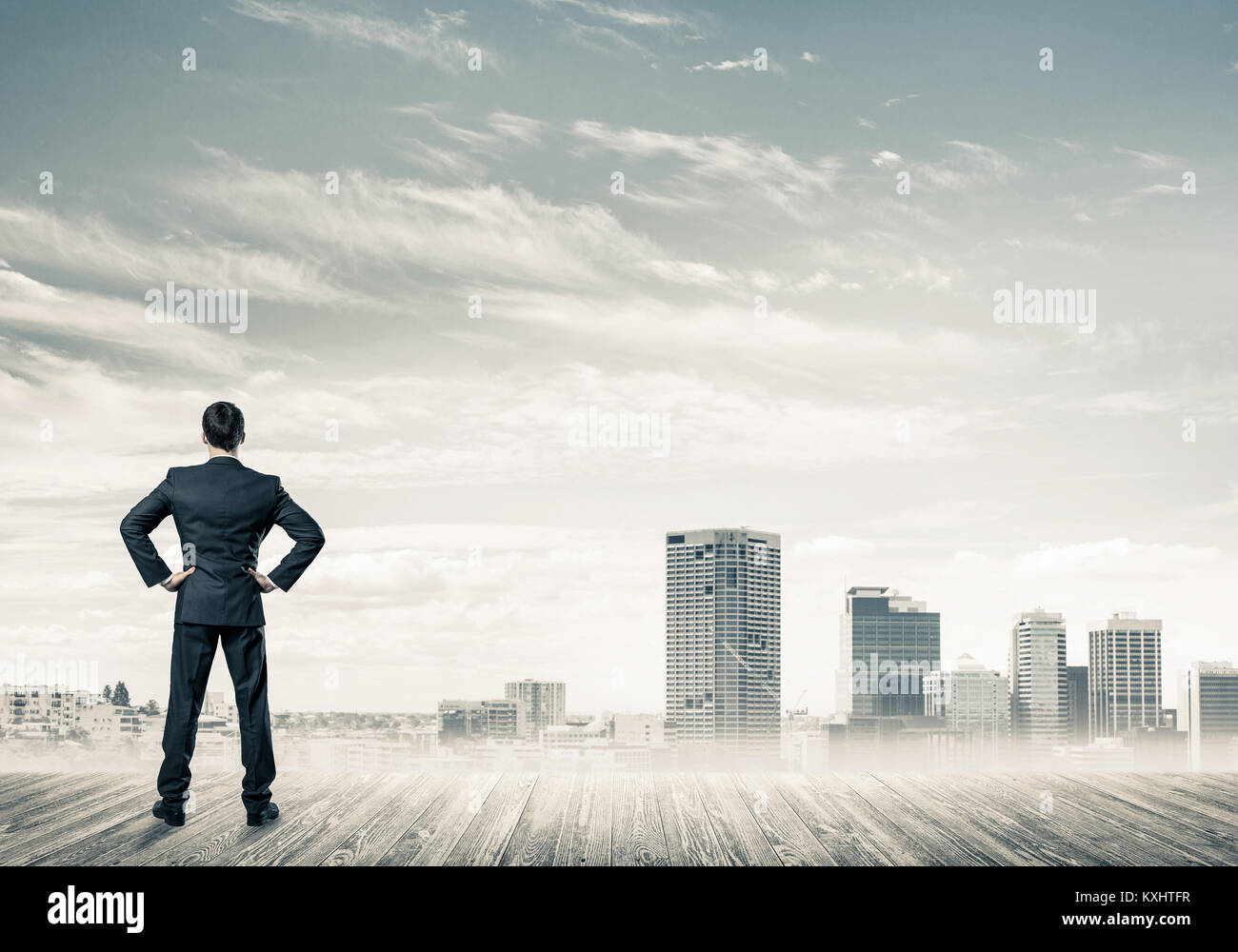 Businessman standing with back and looking at business cityscape Stock ...