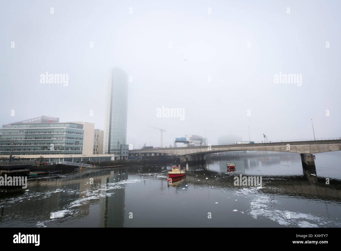 The Obel Building, Belfast's tallest building is hidden by thick fog ...