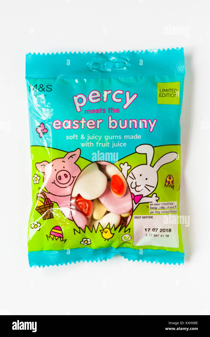 packet of M&S percy meets the easter bunny sweets isolated on white background - percy pig and ...