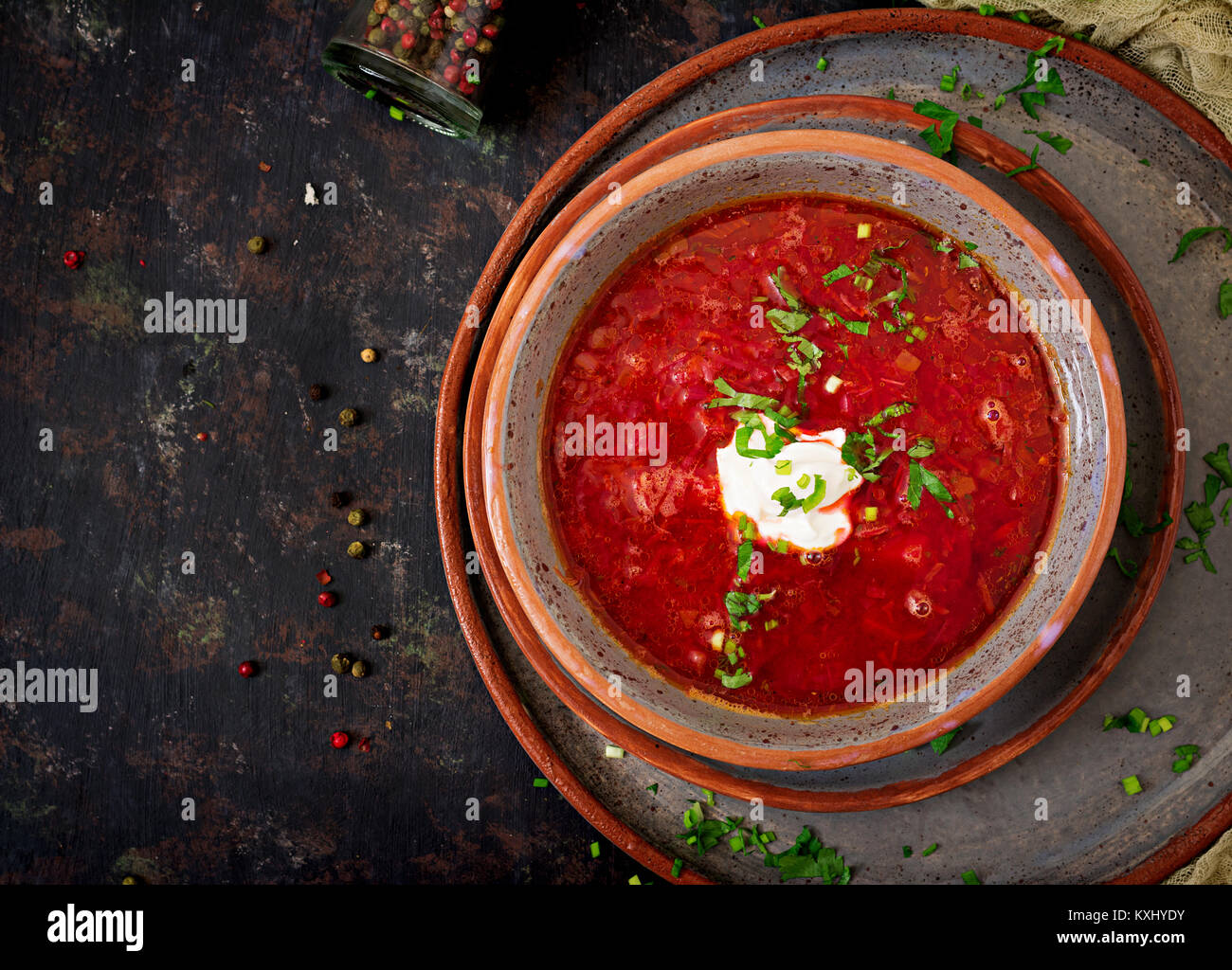 Traditional Ukrainian Russian borscht with beef on the bowl. Top view ...
