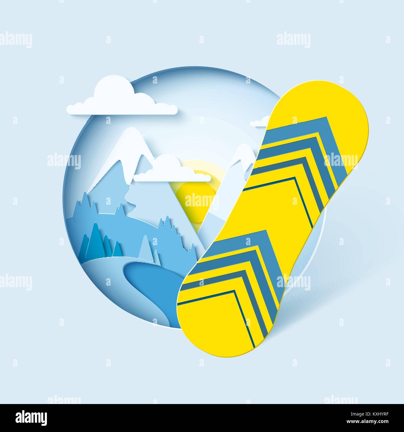 Snowboarding paper cut banner. Winter mountain paper landscape ...