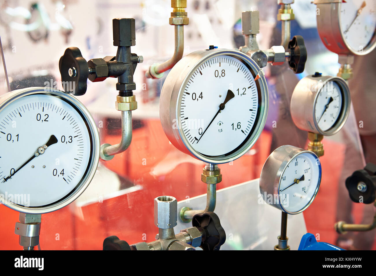 Industrial installation with pipes with manometers and valves Stock ...