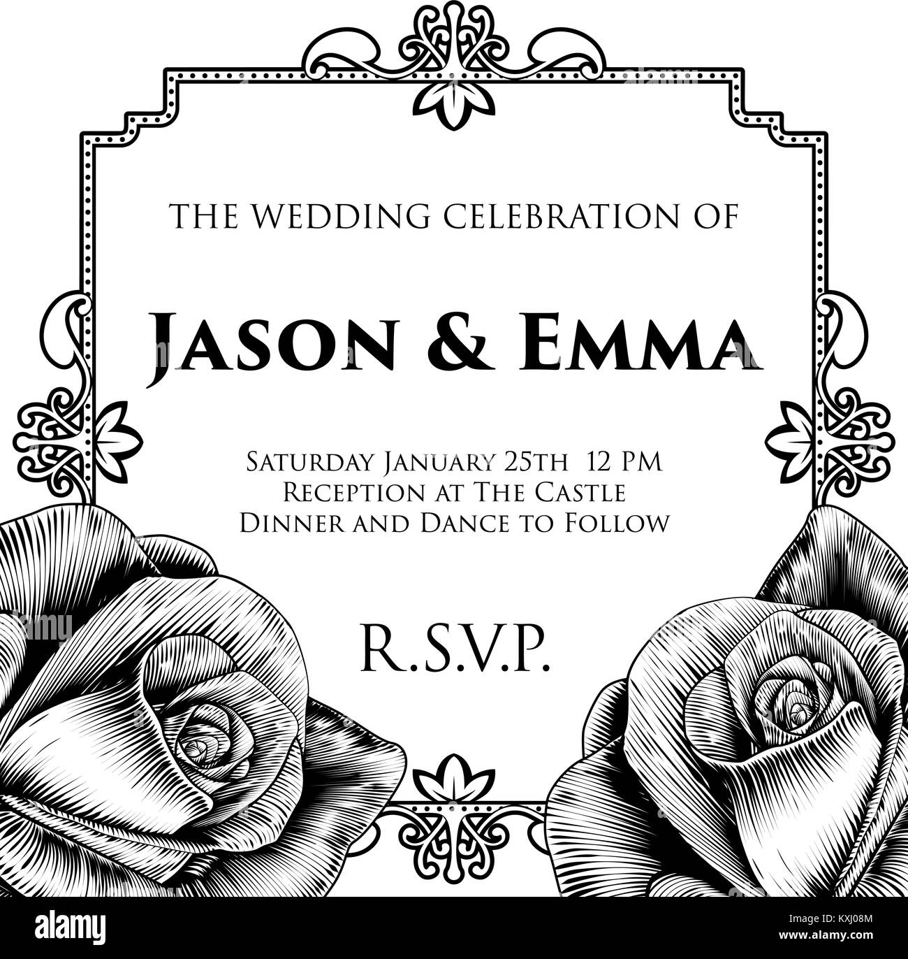 Vector illustration invitation wedding Black and White Stock Photos ...