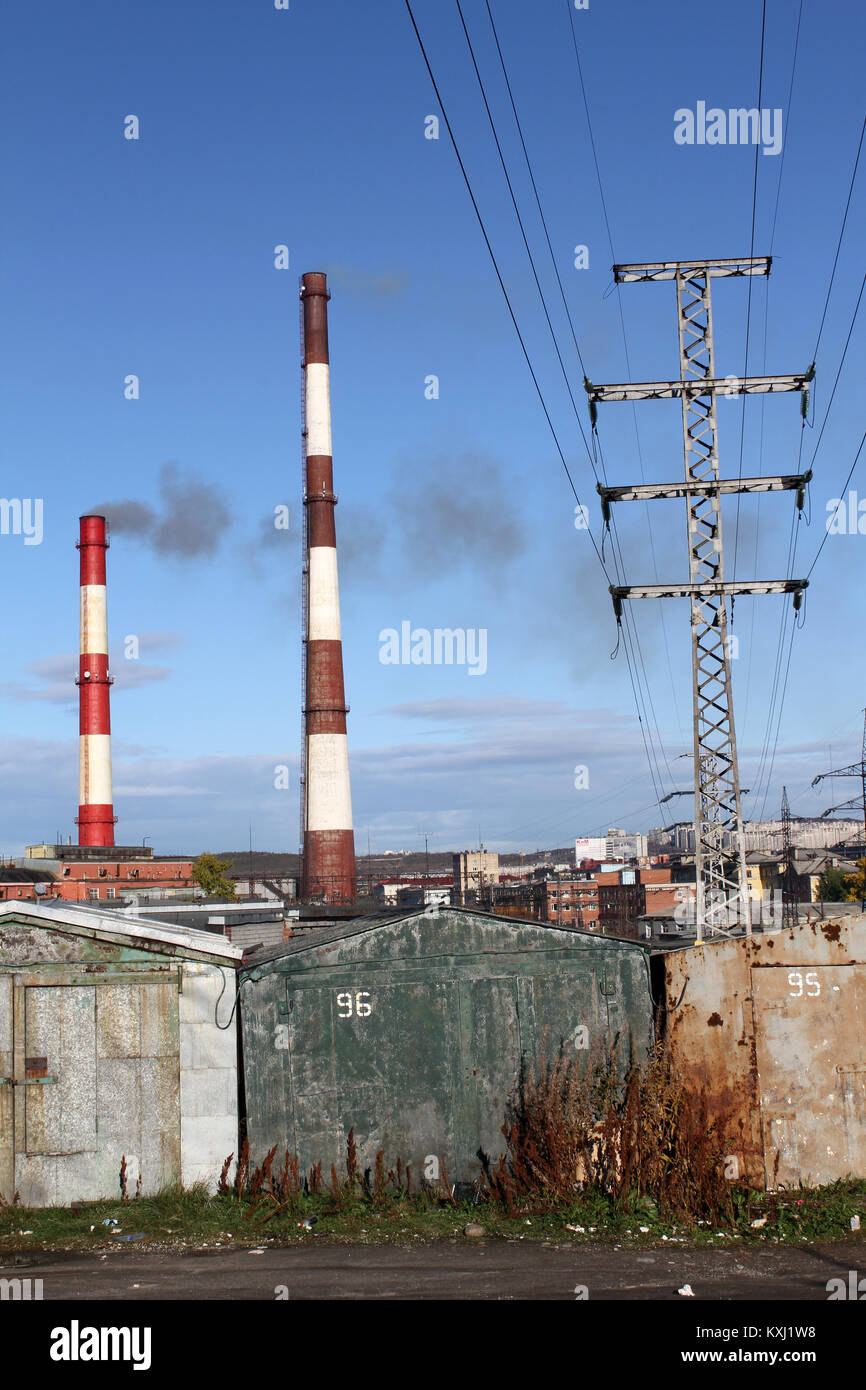 Chimneys, electric wire and garages in Murmansk, Russia Stock Photo - Alamy