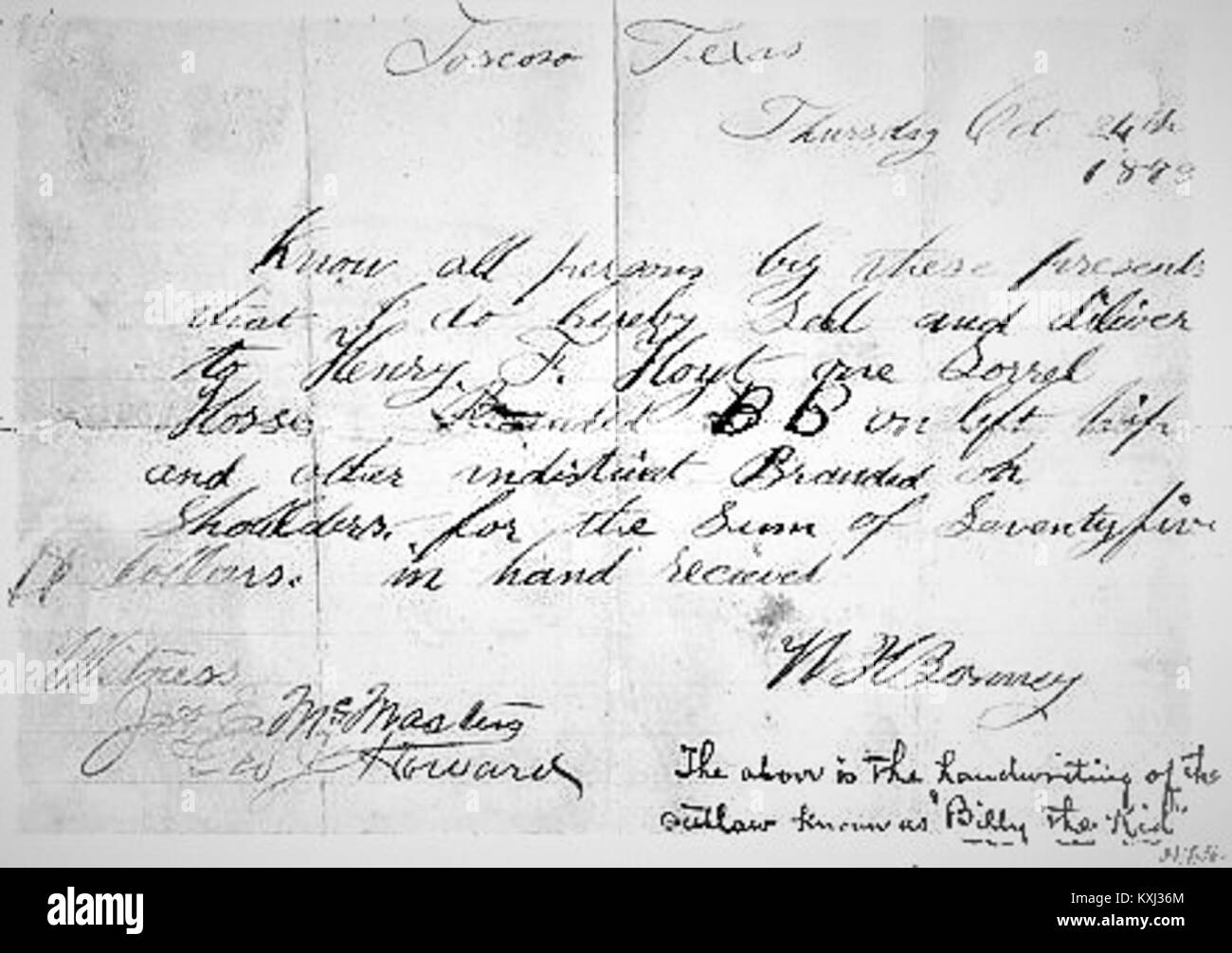 Document of Billy the Kid’s bill of sale dated October 24, 1878, in ...
