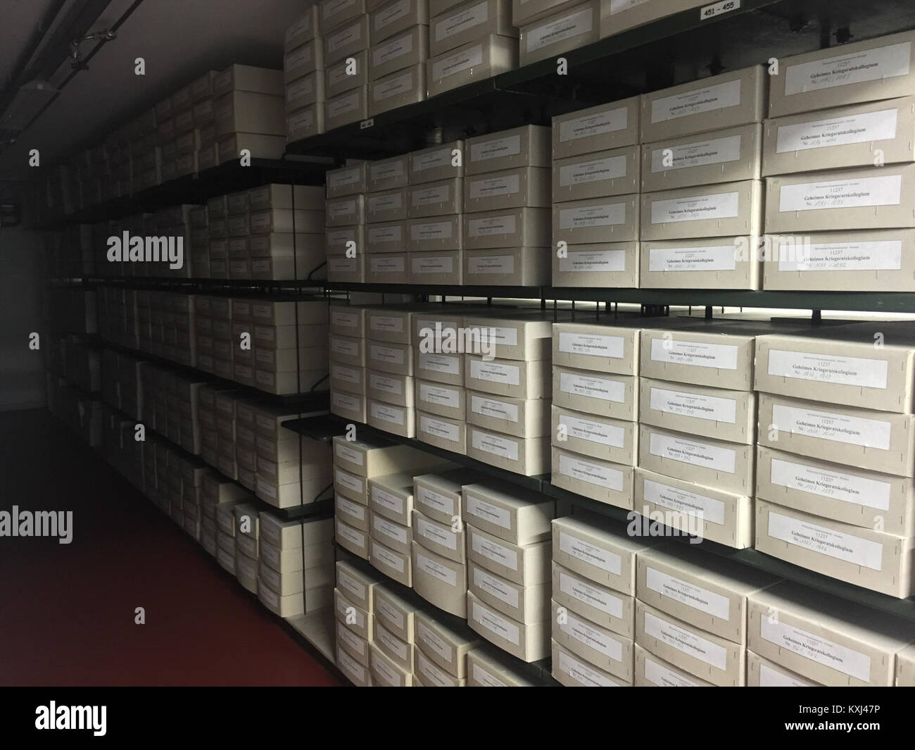 A collection of archival shelves at the Saxon State Archives in Dresden ...