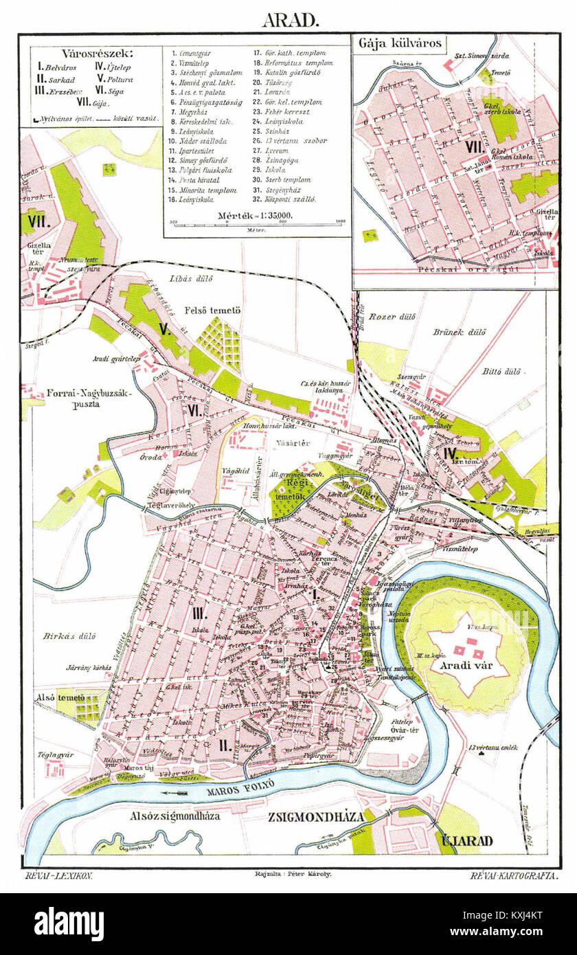 A 1911 map of the city of Arad, showing urban layout, streets, public ...