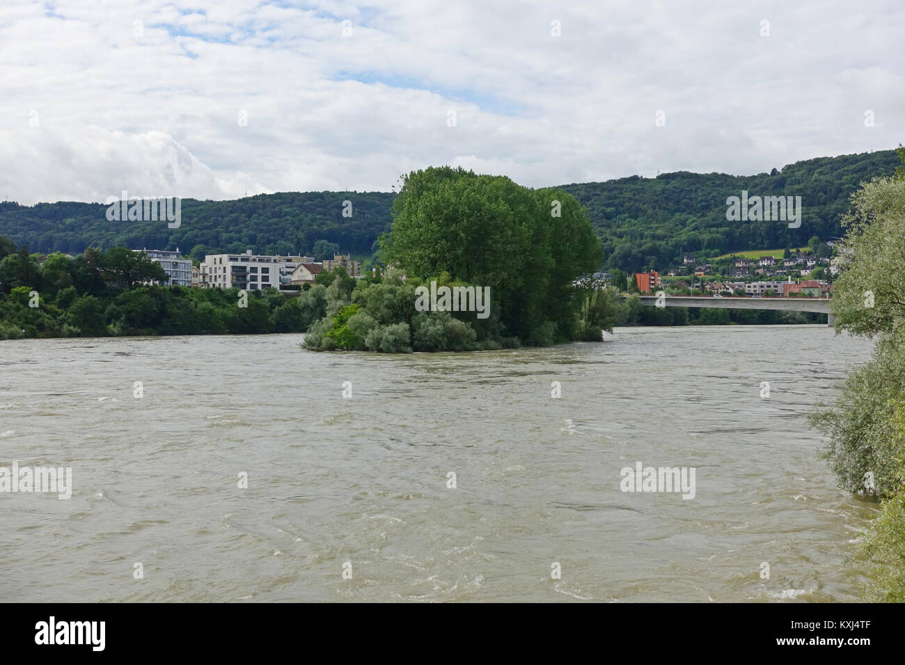 A photograph showing the flooding of the Rhine River in Bad Säckingen ...