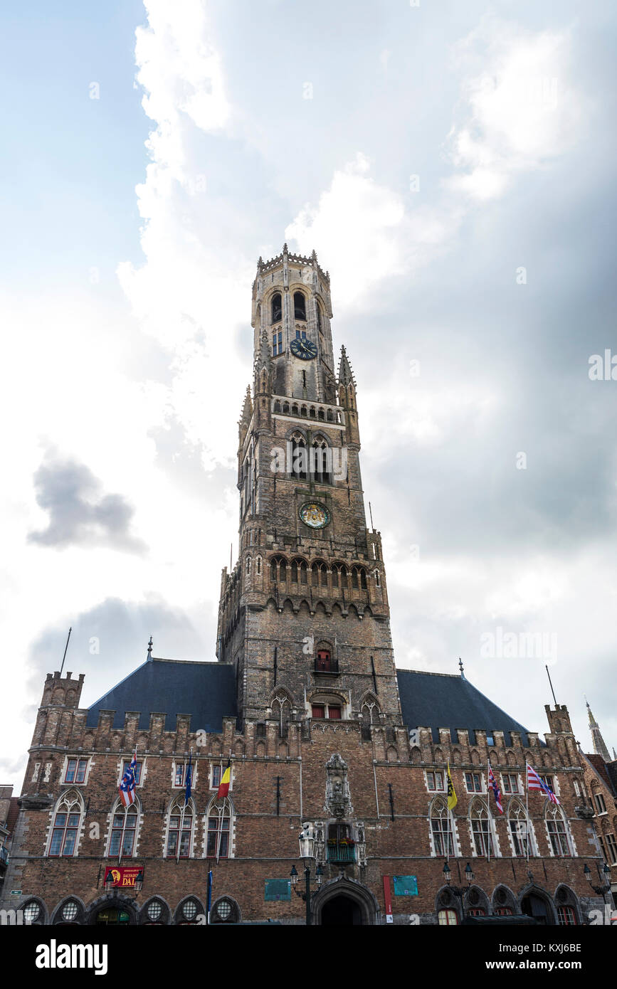 Bruges, Belgium, - August 31, 2017: Belfry is a medieval bell tower in ...