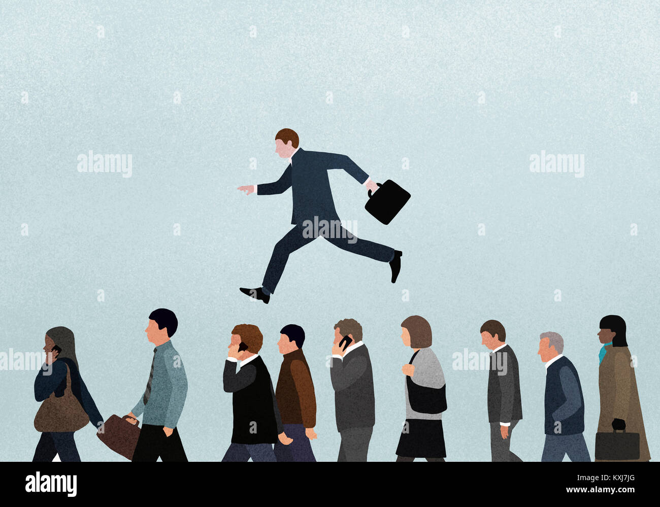 Illustration of businessman jumping over people against blue background ...
