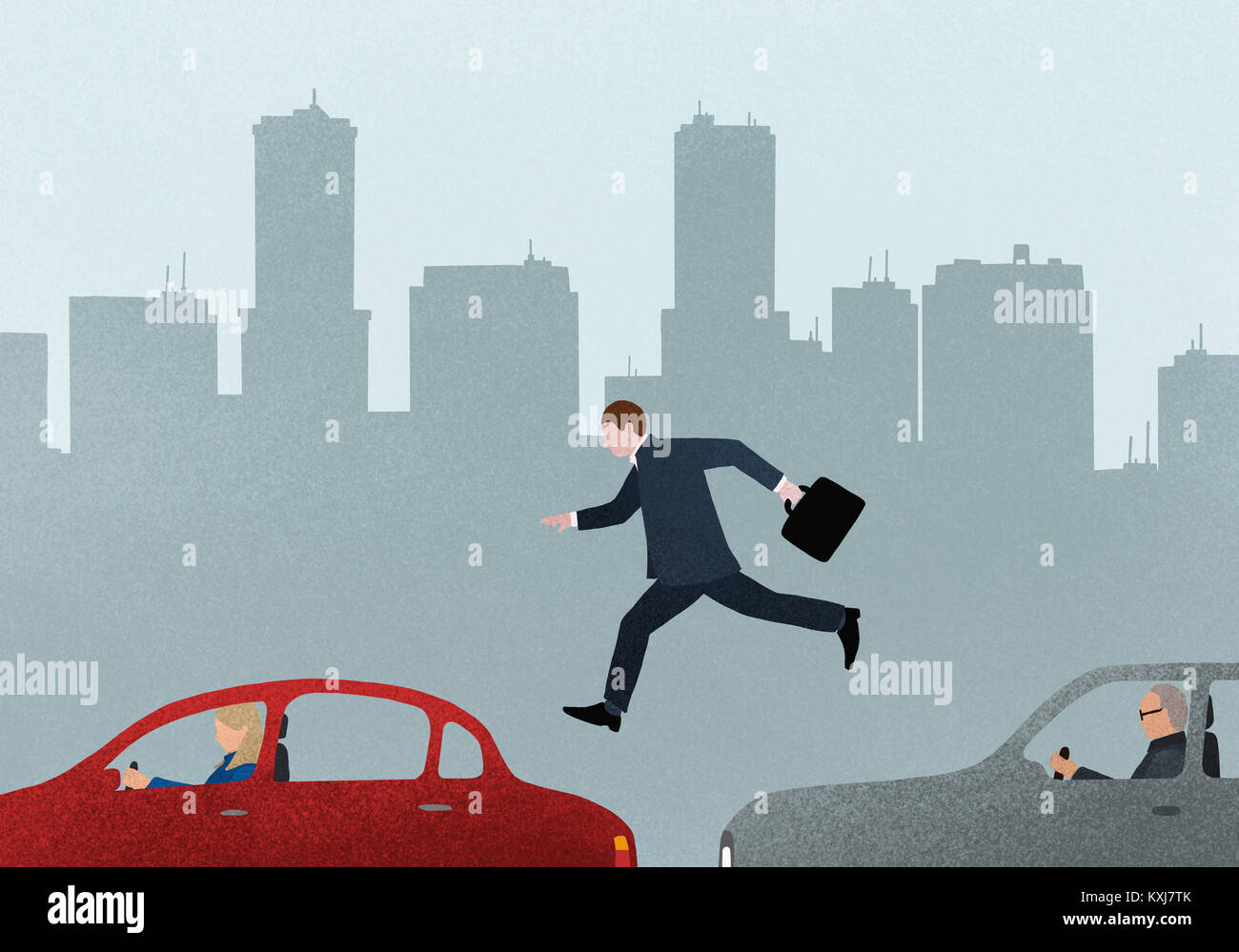Illustrative image of businessman jumping over cars against skyline ...