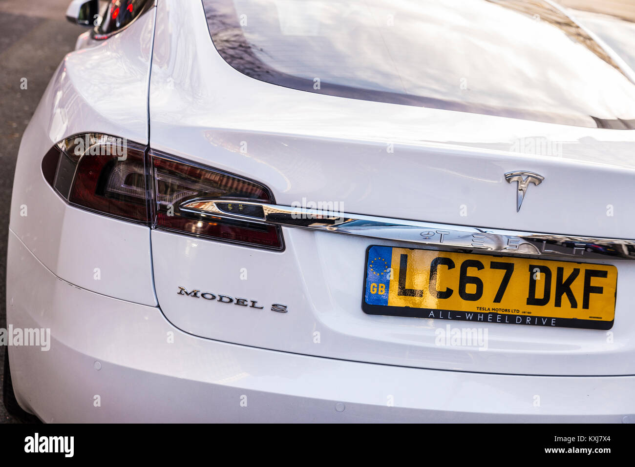 London, Great Britain - January 3, 2018: White electric car Tesla Model ...