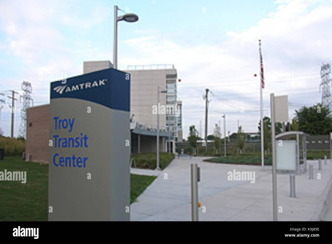 A photograph of the Amtrak sign at the Troy Transit Center in New York ...