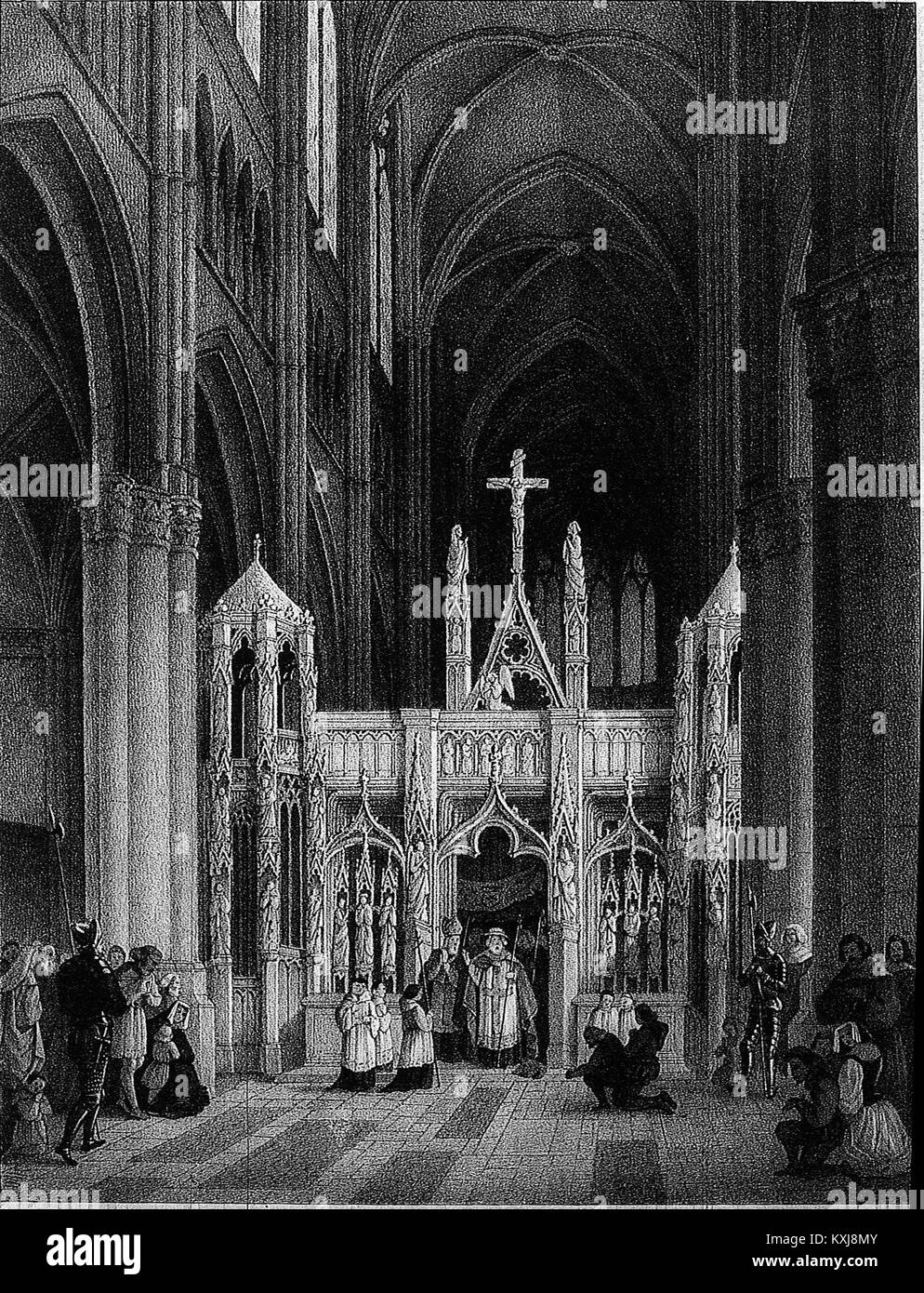 Engraving of the ancient jubé (choir screen) in Reims Cathedral, France ...