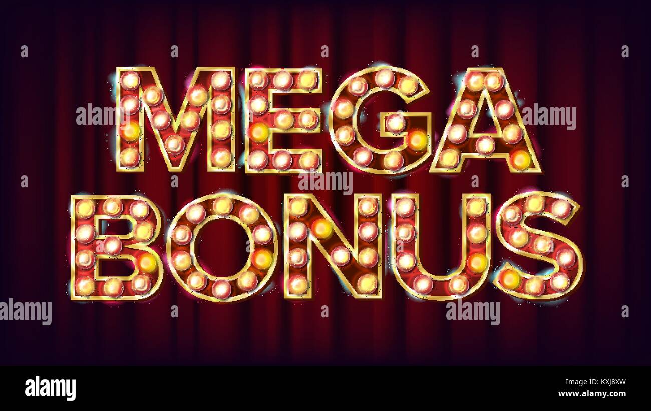 Mega Bonus Banner Vector. Casino Vintage Golden Illuminated Neon Light ...